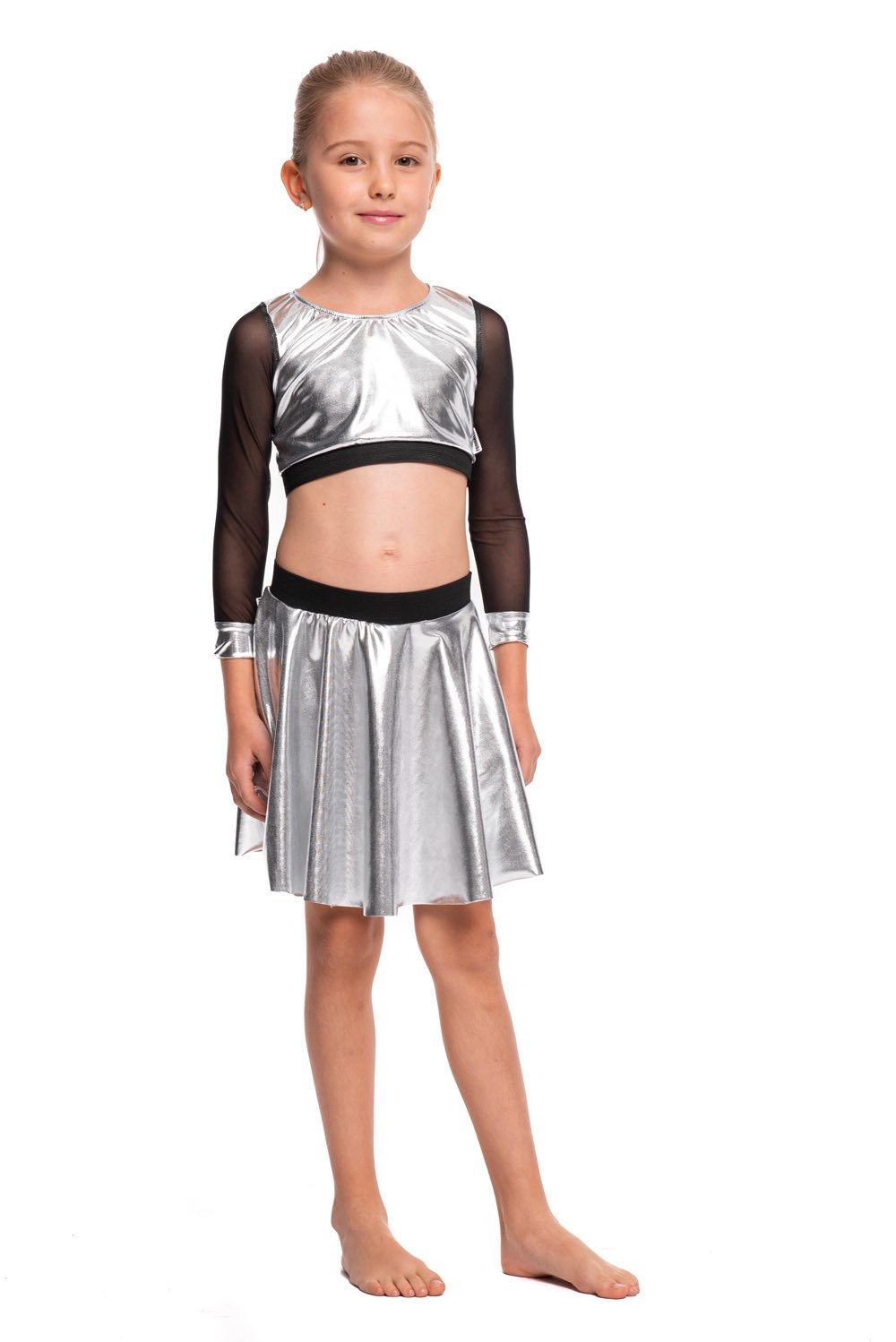 Girls' Metallic Shimmering Long-Sleeved Mesh Sports Top in Silver for ...
